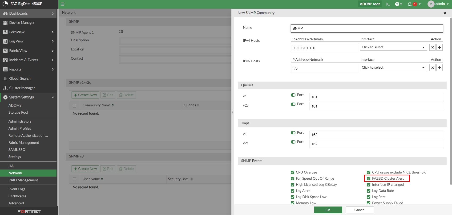 Cluster monitoring through SNMP | FortiAnalyzer BigData 7.6.0 | Fortinet Document Library